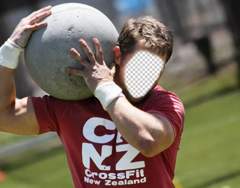 Photo montage with a strongman man carrying a huge stone